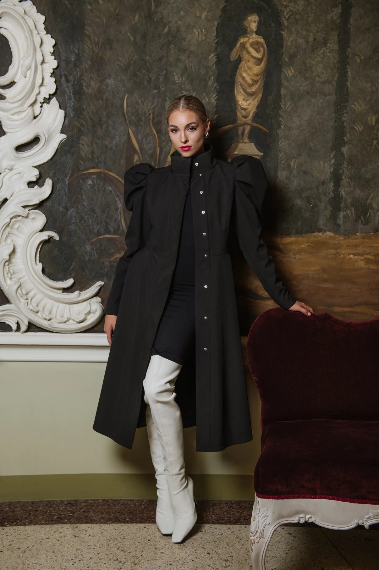 Fitted and Flared Coat with Balloon-Styled Sleeves in black | 'Majestic ...